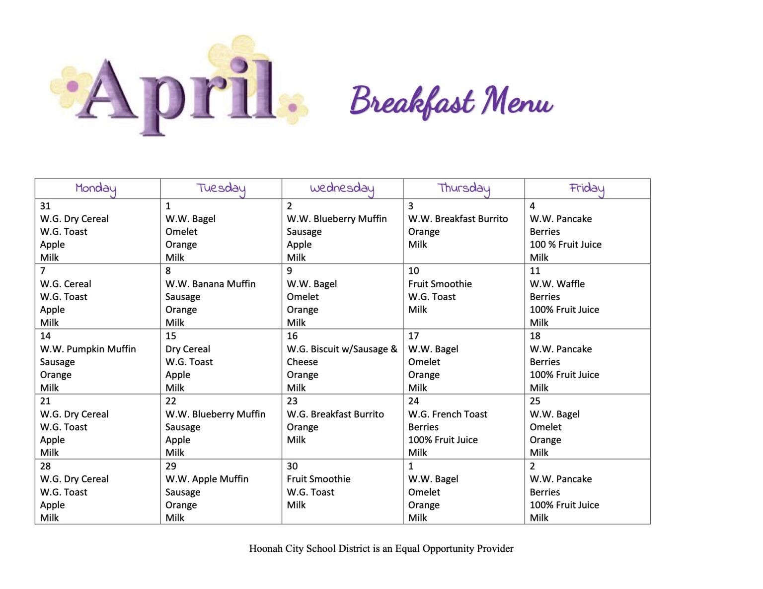 April Breakfast Menu | Hoonah School District